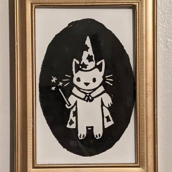 Magical Wizard Cat Linocut Block Print | 4 X 6 Mini Print | Printmaking ...