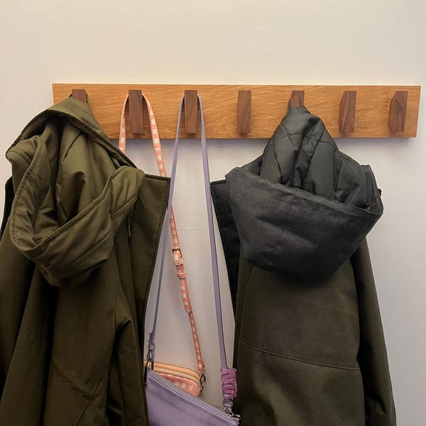Solid Oak and Black Walnut Coat Rack, Wooden Coat Hooks, Scandi Coat ...