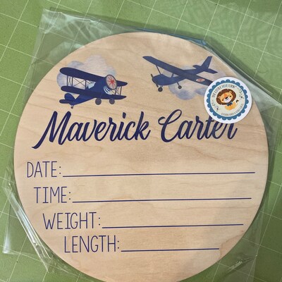Baby Stat Sign, Round Wood Birth Stat Sign, Airplane Birth Stat Sign ...