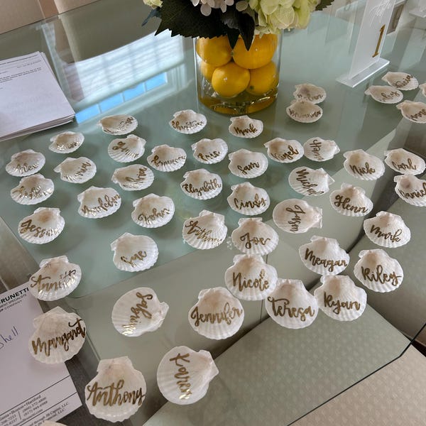 Seashells Ornament Handwritten Wedding Personalized Table Name Plates ...
