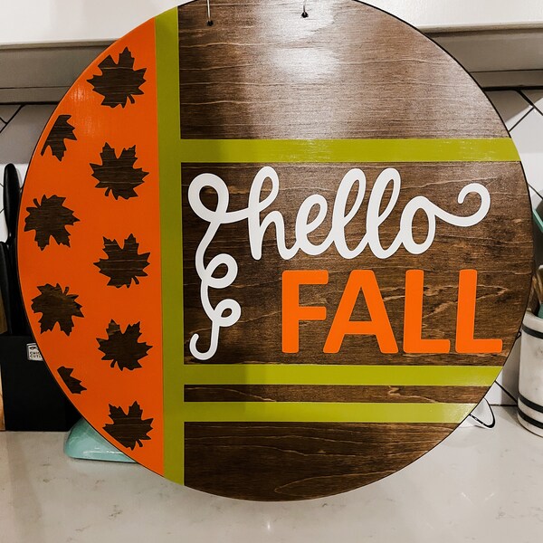 Hello Fall Leaves Sign, Digital Download, Round Door Hanger Svg ...