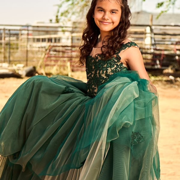 Emerald Green Lace Tulle Formal Flower Girl Dress For Special Occasion