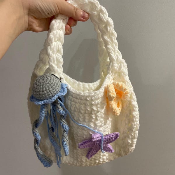 Crochet Bag With Ribbon, Ribbon Crochet Bag, Shoulder Bag, Coquette ...