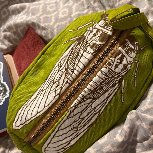 Cicada Zipper Pouch: Hand Screenprinted Cotton Canvas Pencil Bug Insect ...