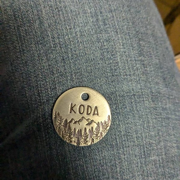 Pet ID Tag, Mountain Trees Dog Tag, Dog Collar Tag, Pet Name Tag, Hand ...