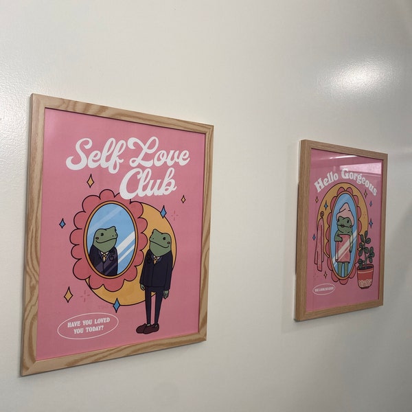 Girly Frog Self Care Wall Print, Positivity Self Love Club, Pink Retro ...