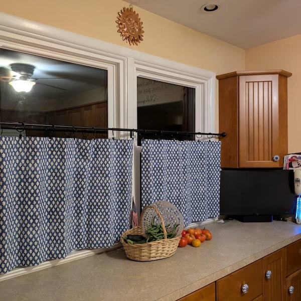 Pleated Lynn Block Print Cafe Curtain , Tier Curtains, Kitchen Curtains ...