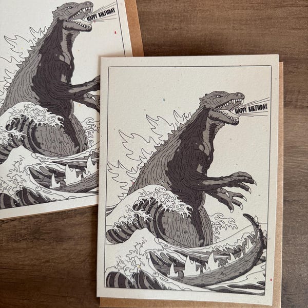 Godzilla Smashing Birthday Party / Handmade Greeting Card/ Classic ...