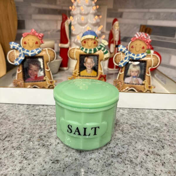 Jadeite GREEN Glass SALT Box CANISTER Lidded Jar Container Depression ...