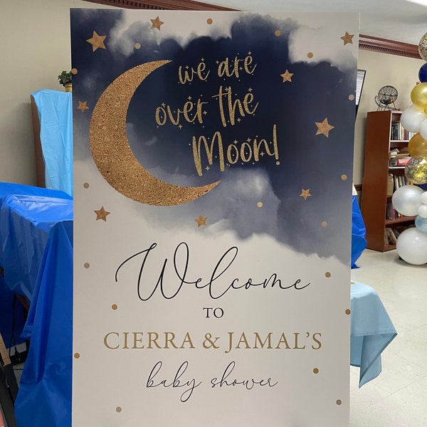 Over the Moon Baby Shower Welcome Sign, Blue Baby Shower Sign Boy ...