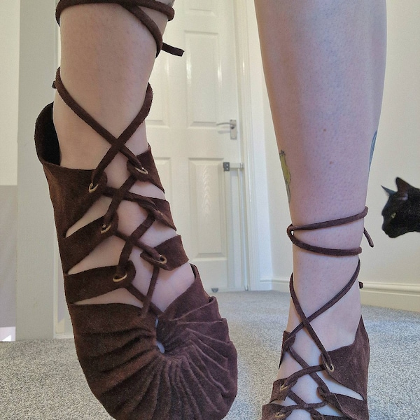Brown Suede Pixie Sandals, Lace up Gladiator Footwear, Handmade ...