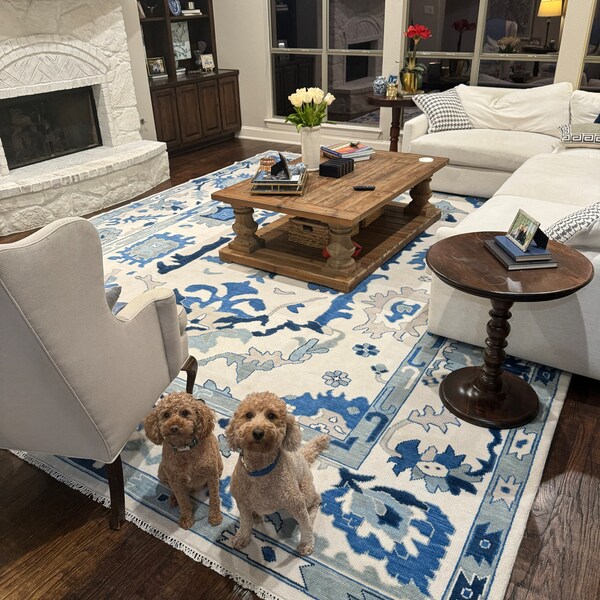 Oushak Rug in Blue, Country Style Rug, Gray Turkish Rug With Peach Gold ...