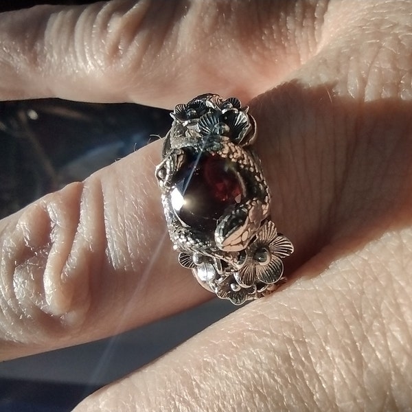 Garnet Snake and Flower Ring, Nature Inspired Ring, Magical Garden Ring ...
