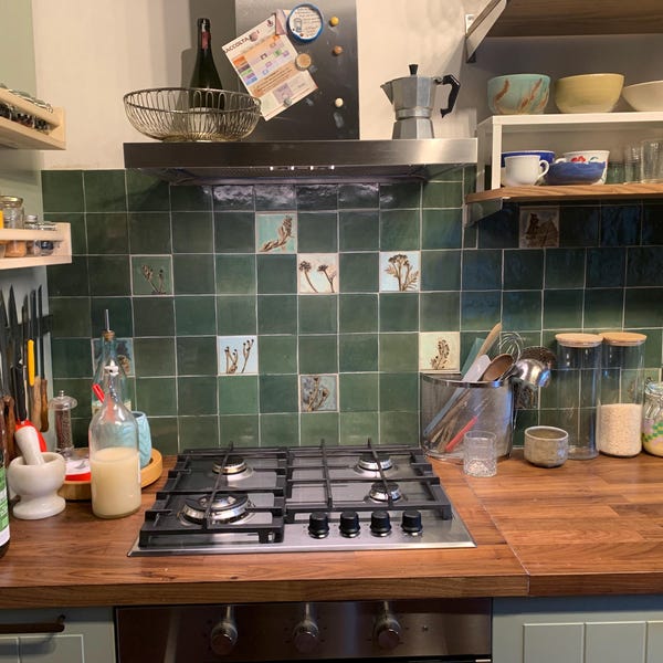 Flower Meadow” Tile Set, Handmade Ceramic Tiles, Natural Clay Color ...