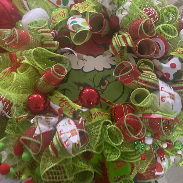 Grinch Wreath, Grinch Theme Wreath, Christmas Grinch, Green Monster ...