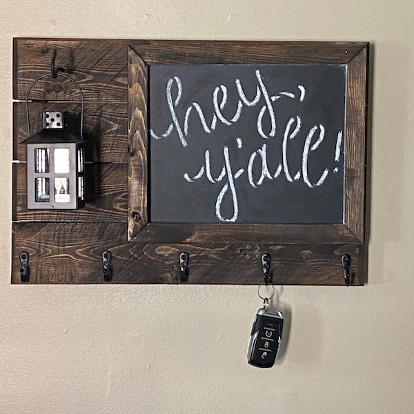 Rustic Wood Chalkboard Key Holder, Farmhouse Message Board With Lantern ...