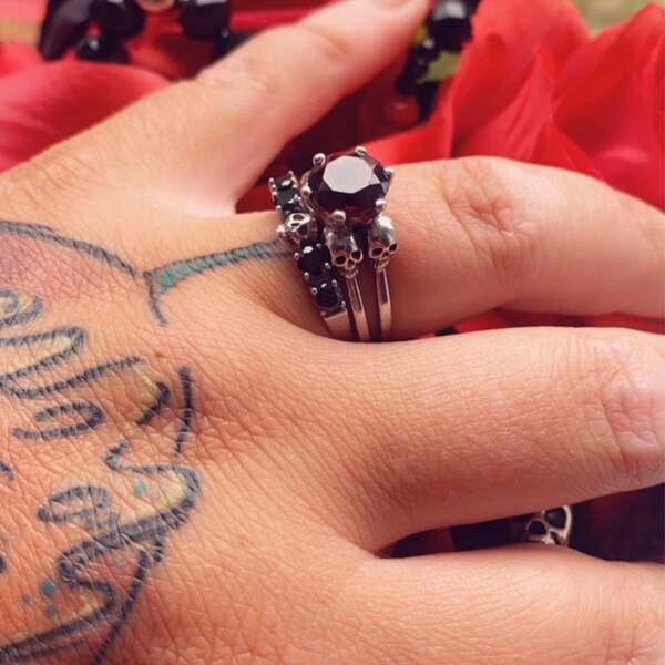 Skull Wedding Ring - HELICE - Black Diamond Sterling Engagement Ring ...