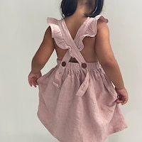 100% Linen Girls Pinafore Pinny Dress Mustard , Dusty Pink, Green and ...