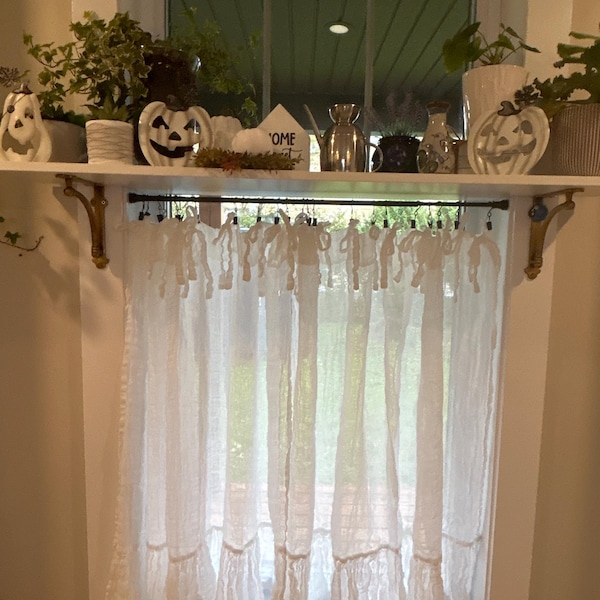 White Linen Gauze Curtain Panel With Ruffle, Boho Window Curtains ...