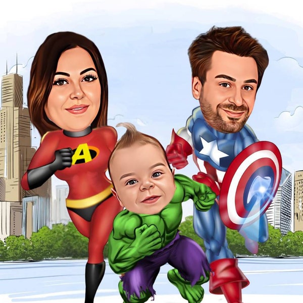 Custom Super Dad and Son Cartoon Portrait, Custom Super Dad and Son ...
