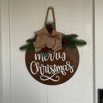 Winter Front Door Hanger, Merry Christmas Welcome Sign Wooden Wreath ...
