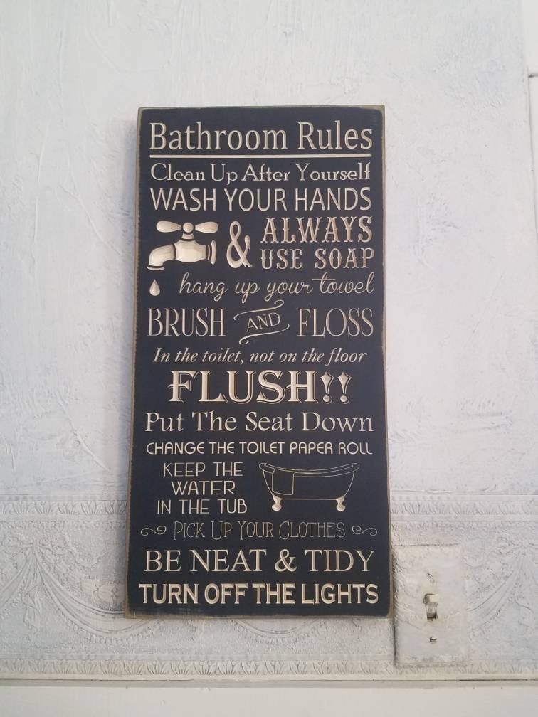 Custom Carved Wooden Sign - BATHROOM RULES