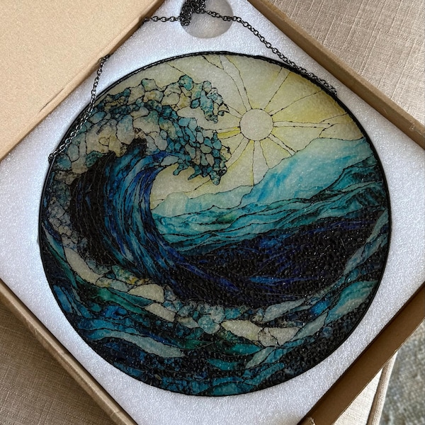 Ocean Waves Stained Glass Suncatcher,ocean Wave Wall Art Window Hanger ...