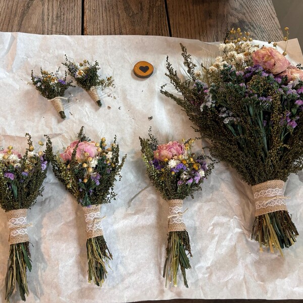 Small Valentine Dried Flower Bouquet, Peony and Mini Wild Flower ...