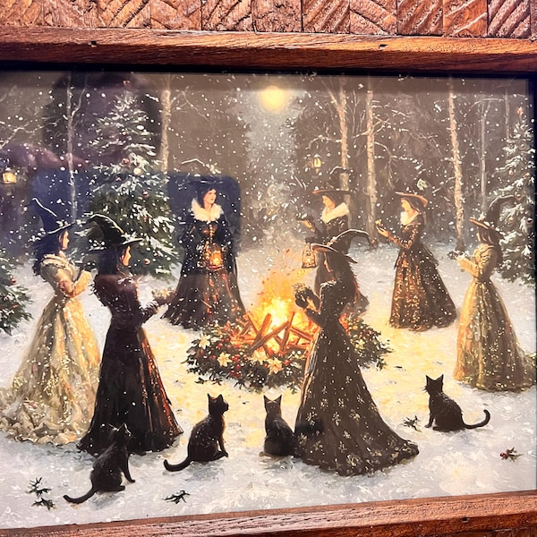 Winter Solstice Witches & Black Cats Wall Art Poster, Magical Yuletide ...