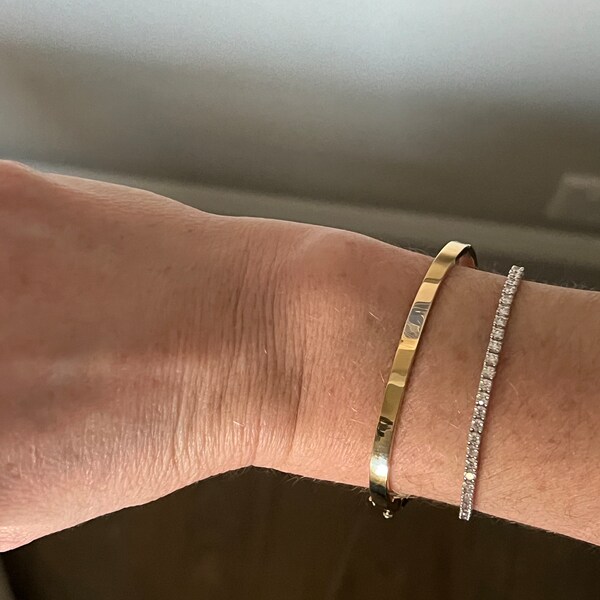 Flat Plain Gold Bangle 4MM / Solid 14k Yellow Gold Oval Bracelet ...