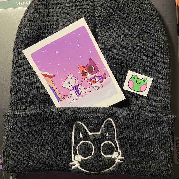 Glow in the Dark Crying Cat Beanie, Embroidered Black Unisex Adult Beanie, Cuffed Knit Beanies ...