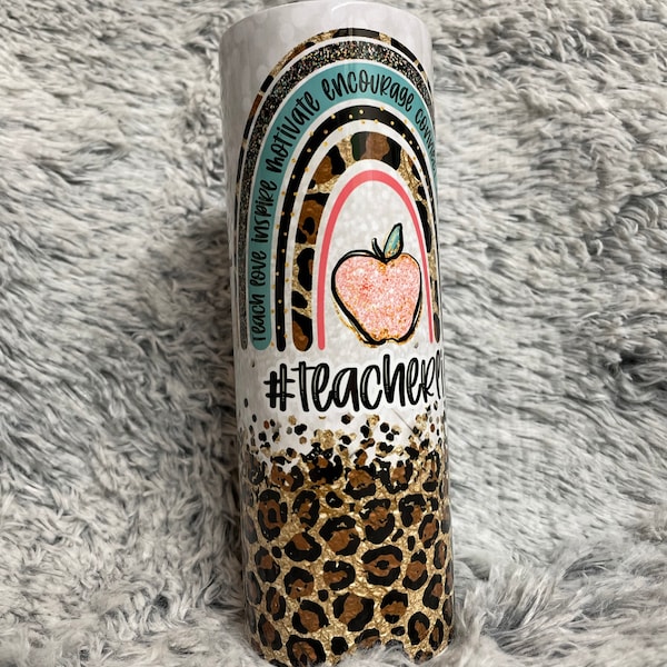 20 Oz Skinny Tumbler Rainbow Leopard Glitter Teacher Tumbler Pencil ...