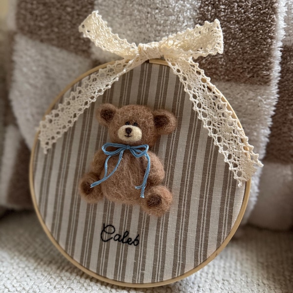 Vintage Needle Felted Bear Nursery Art – Personalized Name Embroidery ...