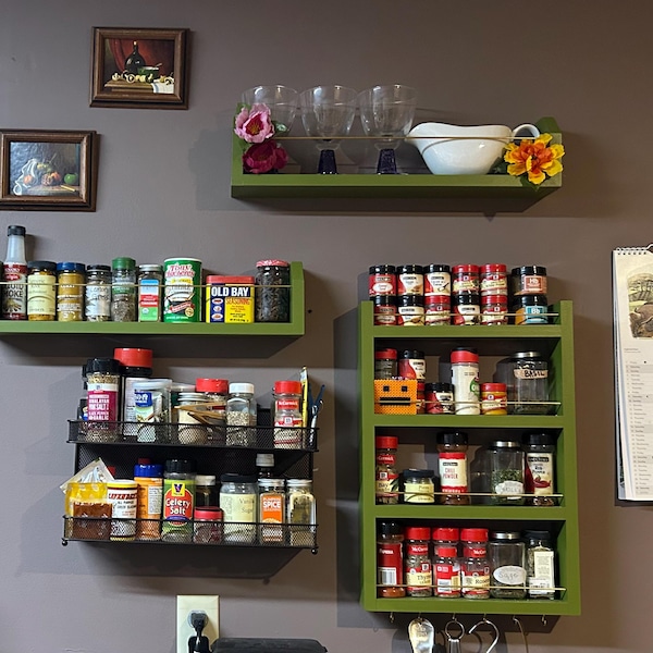 Wall Mount Spice Rack in Green With Cactus Background, 4 Shelf or 3 ...