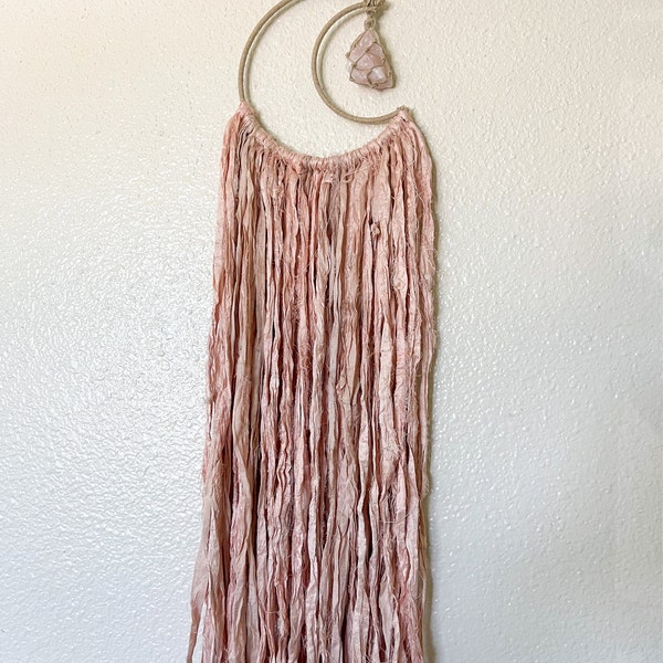 PEACH FULL MOON Crystal Silk Hanging, Celestite, Up-cycled Sari Silk ...