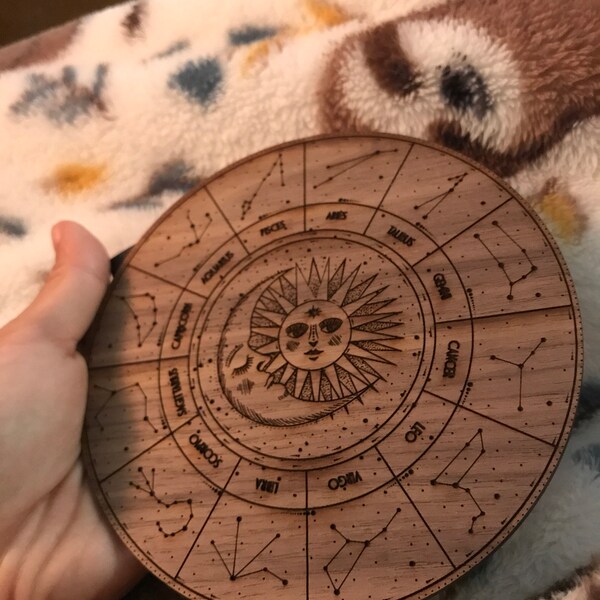 Zodiac Wheel Constellation - Engraved Wood Board, Astrology, Stars, Sun ...