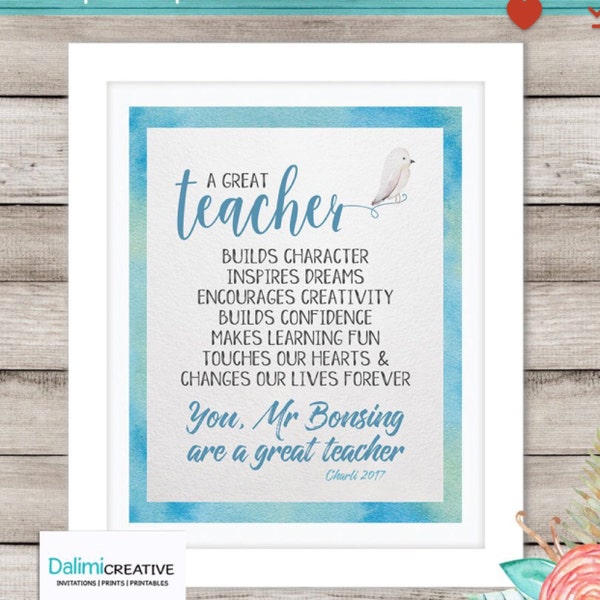 Teacher Appreciation Print - End of Year Teachers Gift - Personalised ...