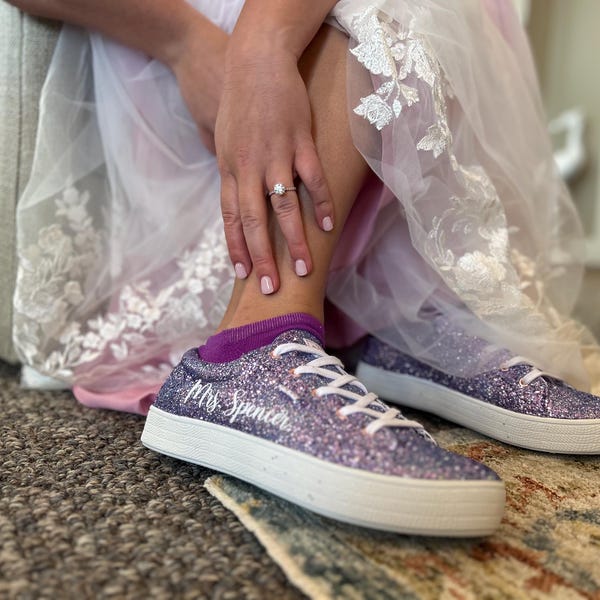Personalized White Glitter Bride Sneakers With Black Writing for ...
