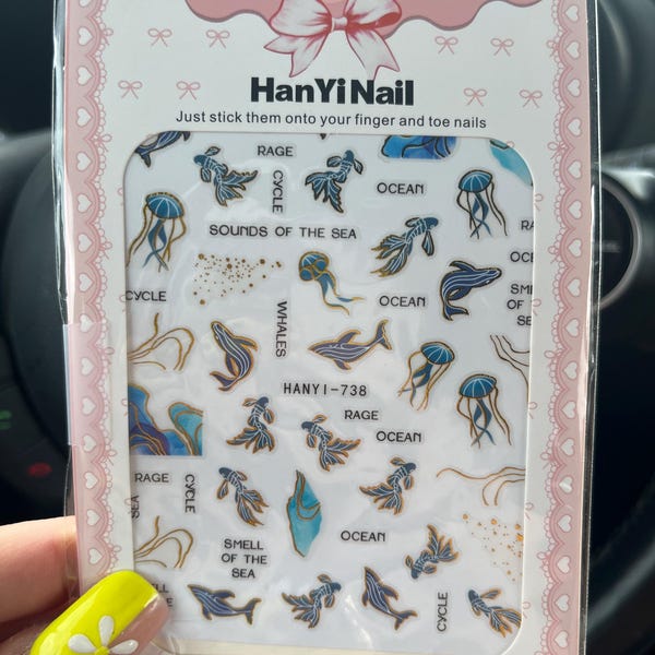 Gold Ocean Fish Nail Art Stickers Gold Whale Jellyfish Blue Sea Water ...