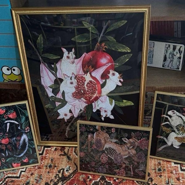 White Rabbit With Poppy Flowers- Giclee Print From Original Hand ...