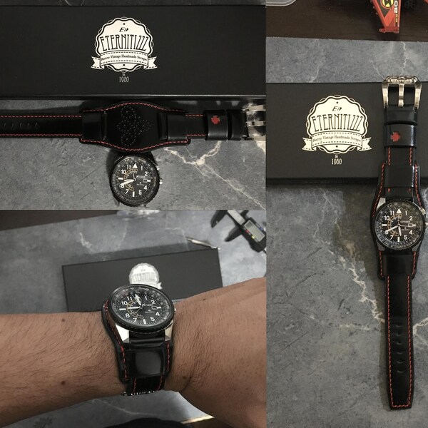 Black Full Bund Strap, Handmade, Leather Cuff Watch Band, Brogue ...