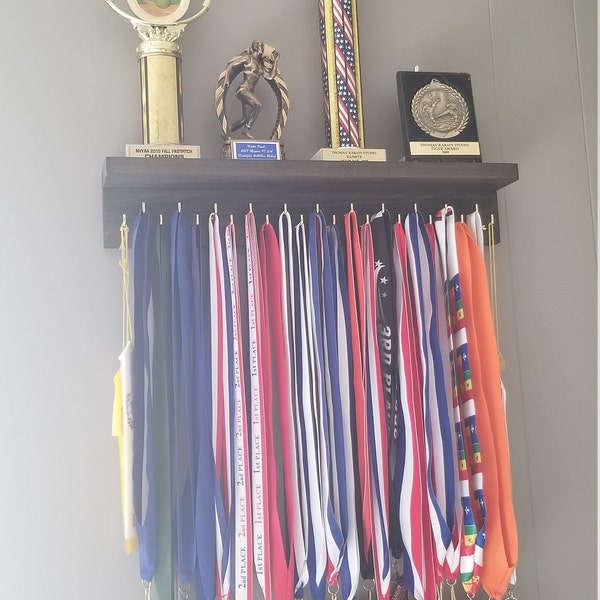 Custom Medal Display Shelf: Wide Top, Ribbon Hooks, Award Rack - Etsy