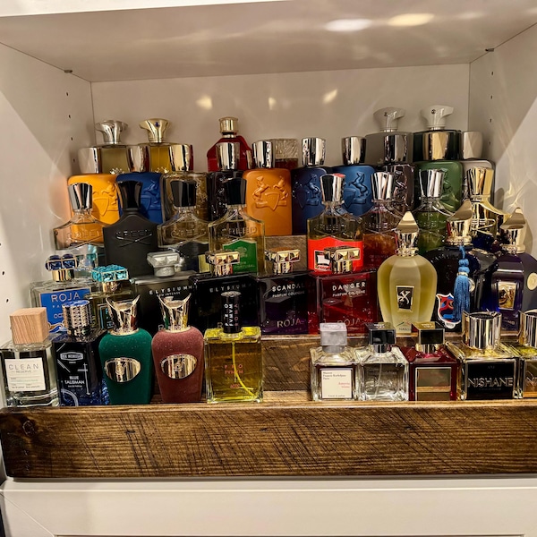 Reclaimed Wood Fragrance Display Shelf | Bathroom Vanity Organization ...