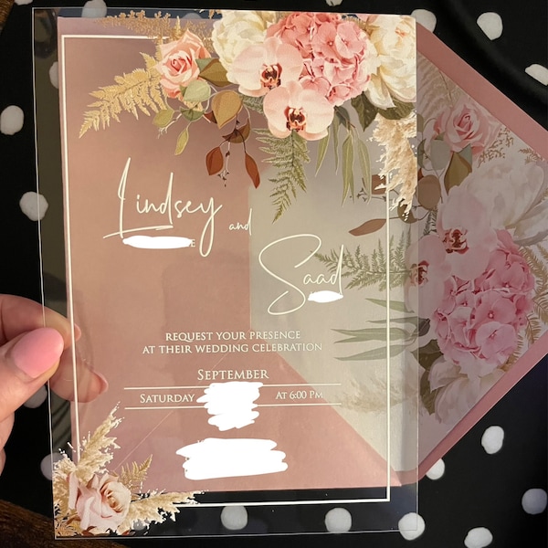 Arch Blush Pink Acrylic Wedding Invitation: Floral Metallic Envelope - Etsy