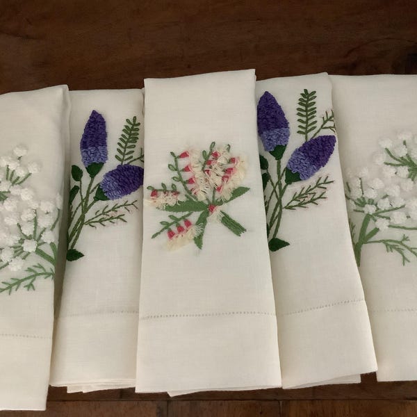 Early Spring Hand Embroidered Linen Dinner Napkins Set of 6, Floral ...
