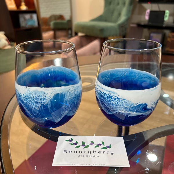Handcrafted Ocean-inspired Wine Glasses With Resin Waves – Coastal ...