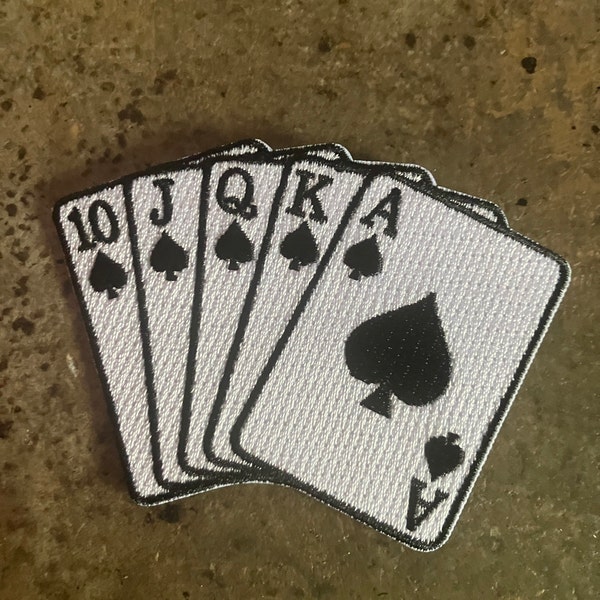 ROYAL FLUSH PATCH Iron-on Embroidered Playing Card Ace of Spades Poker ...