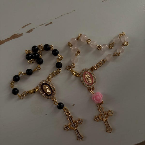 Mini Rosary Steering Wheel Charm: Virgin Mary, Cross, Pearl Beads - Etsy
