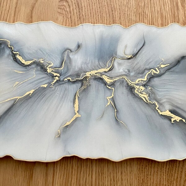 Resin Tray, Tray With Handles, Grey Marble Resin Tray, Marble and Gold ...