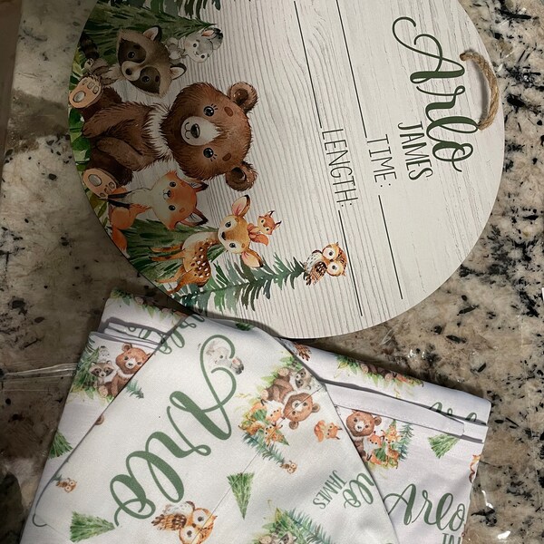 Woodland Birth Stat Sign, Round Wood Birth Stat Sign, Woodland Animal ...